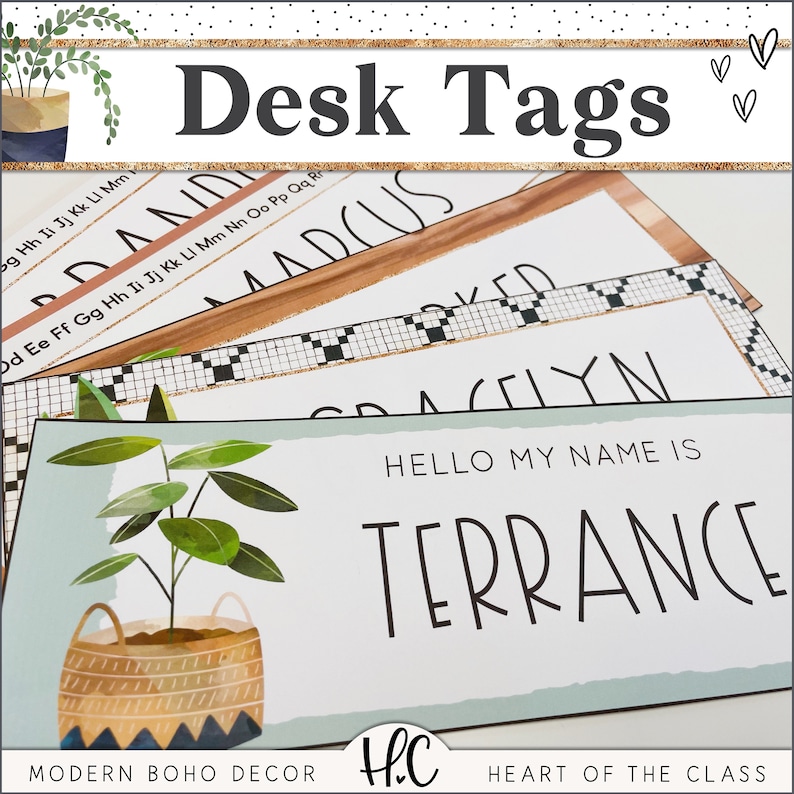 Boho Desk Name Tags Editable Classroom Student Name Tags Boho Plants ...