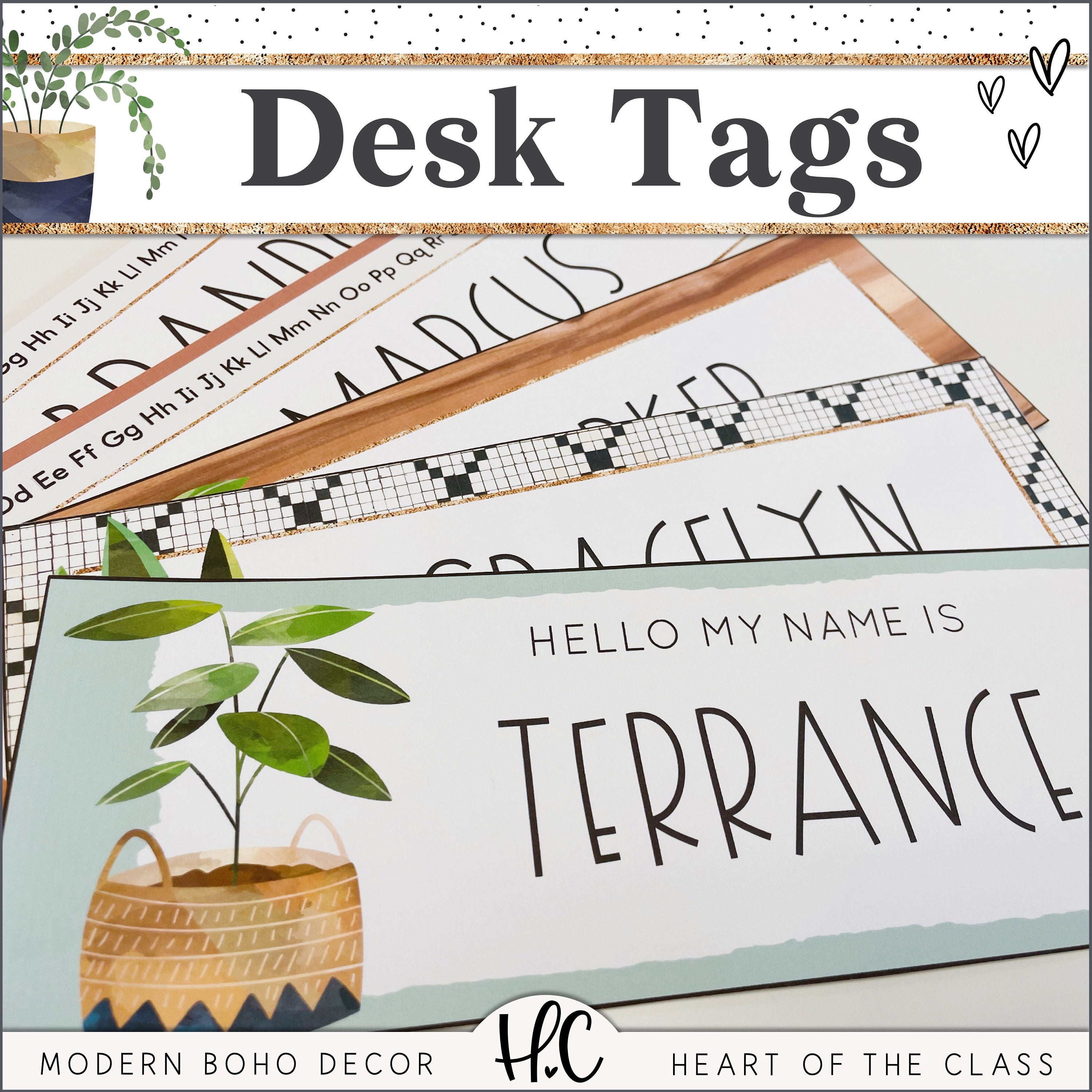 Boho Desk Name Tags Editable Classroom Student Name Tags Boho Plants ...