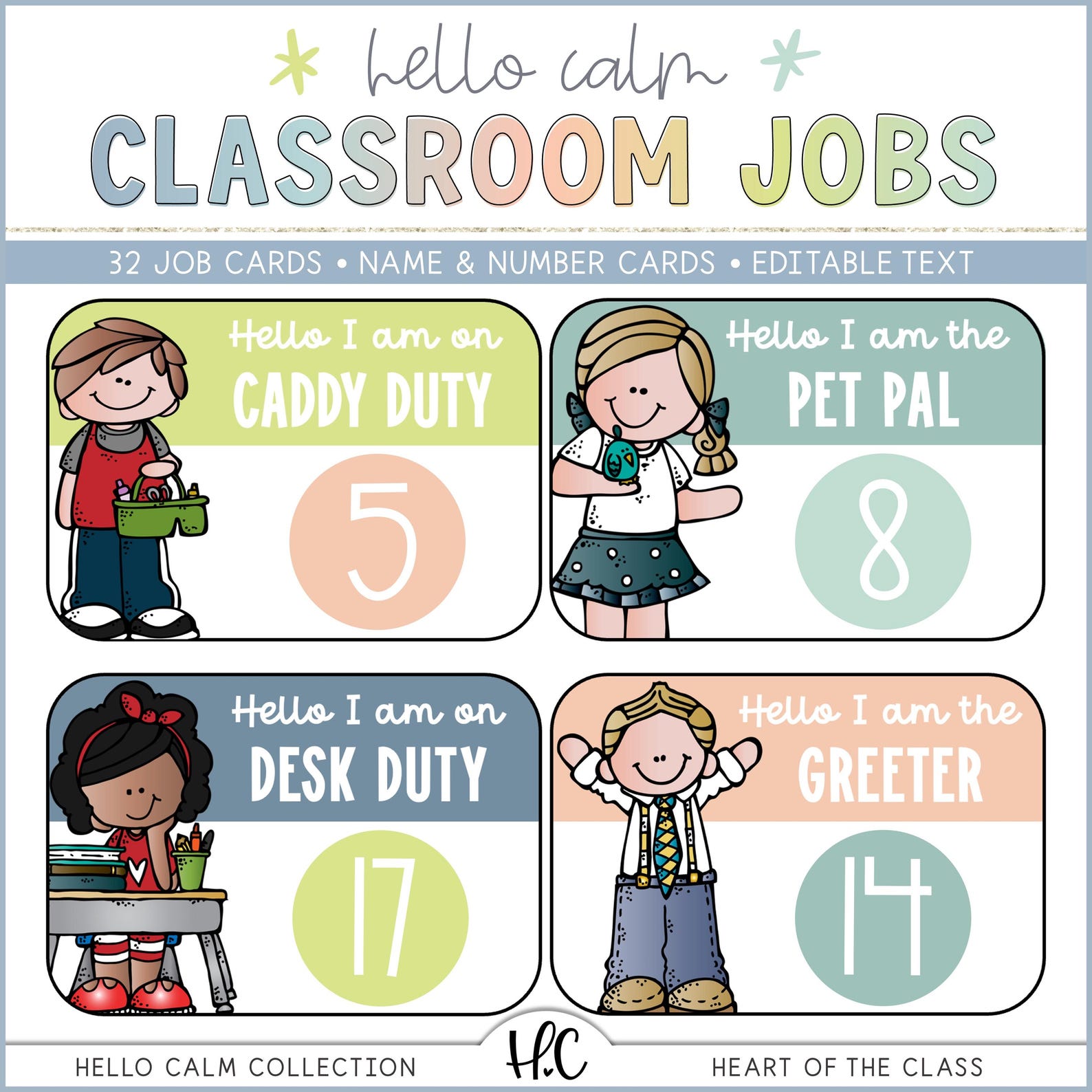 Hello Calm Classroom Jobs Display With Graphics and Editable Job Titles ...