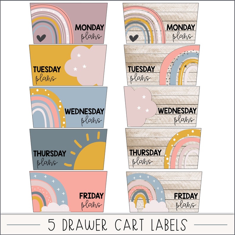 Boho Rainbow Classroom Cart Labels With Editable Text for 5 Drawer, 10 ...