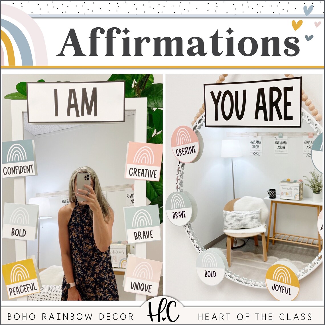 Affirmation Station | Boho Rainbow Classroom Decor | Affirmation Mirror ...
