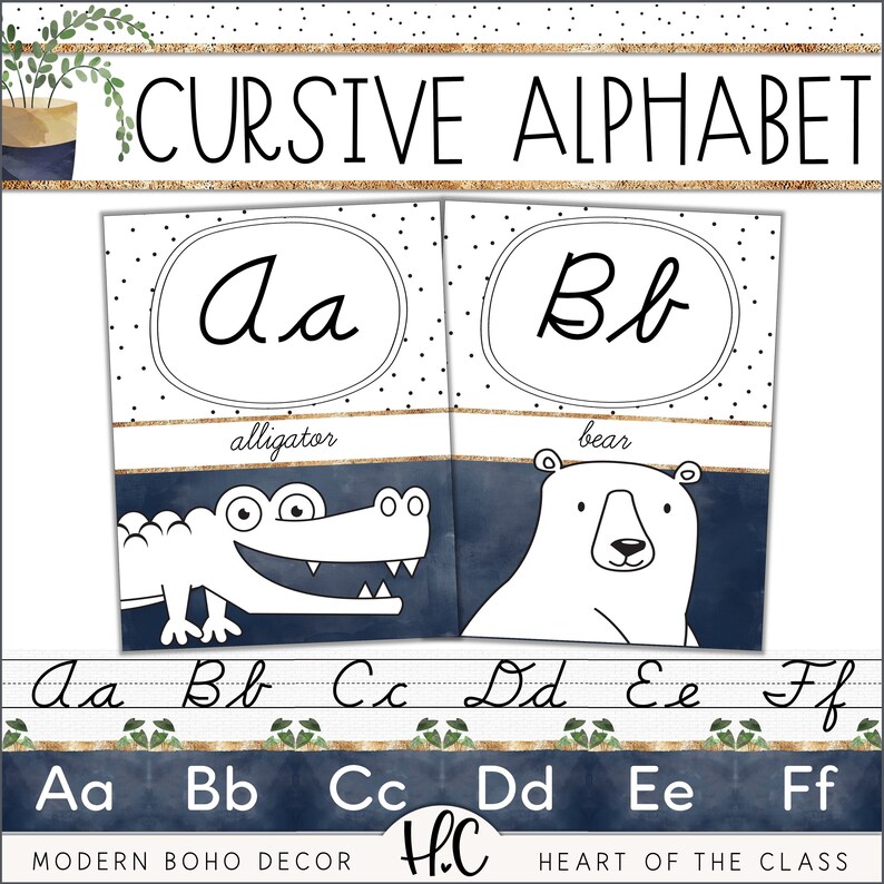 Cursive Alphabet Posters With Graphics Boho Plants Classroom - Etsy