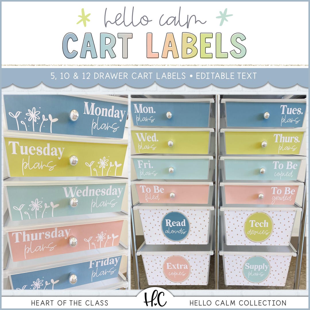 Rolling Cart Labels for 5 Drawer, 10 Drawer and 12 Drawer Teacher ...