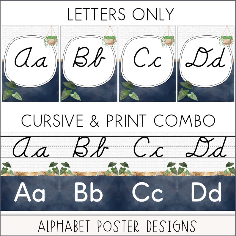 Cursive Alphabet Posters With Graphics Boho Plants Classroom Decor ...
