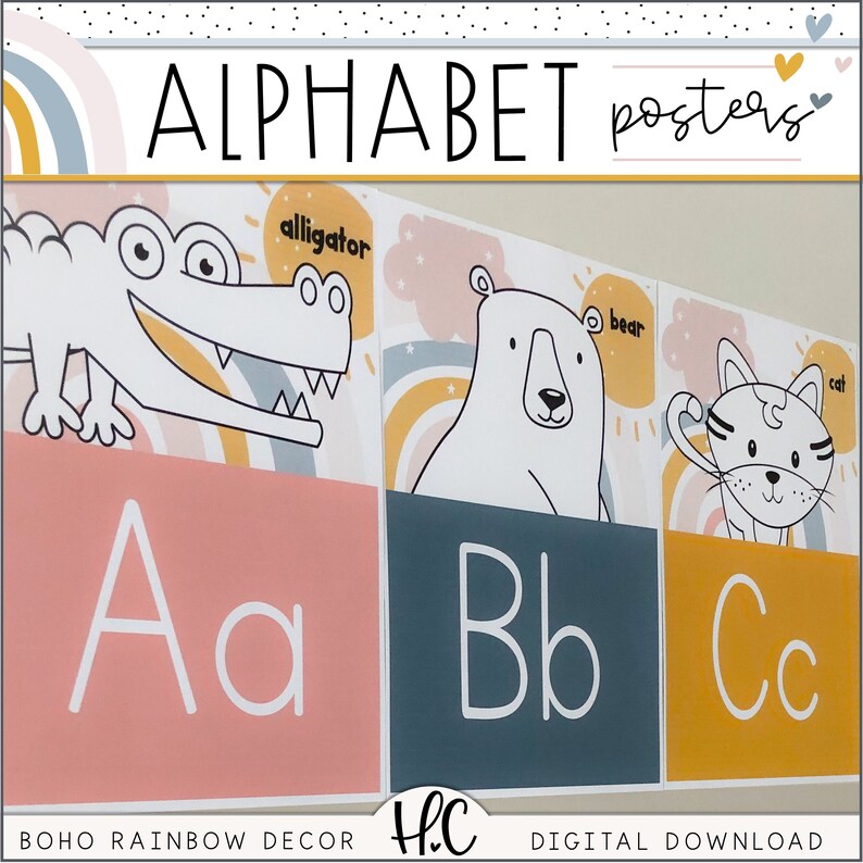 Alphabet Posters Boho Rainbow Classroom Alphabet Primary - Etsy