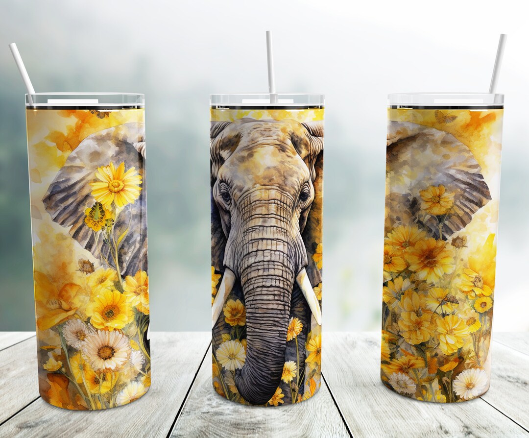 Elephant Sunflowers Tumbler Wrap PNG, Watercolor Flowers 20 Oz Skinny ...