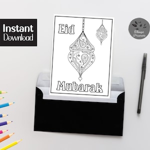 PRINTABLE Eid Mubarak Coloring Card, Lantern Decoration Eid Card, Eid ...