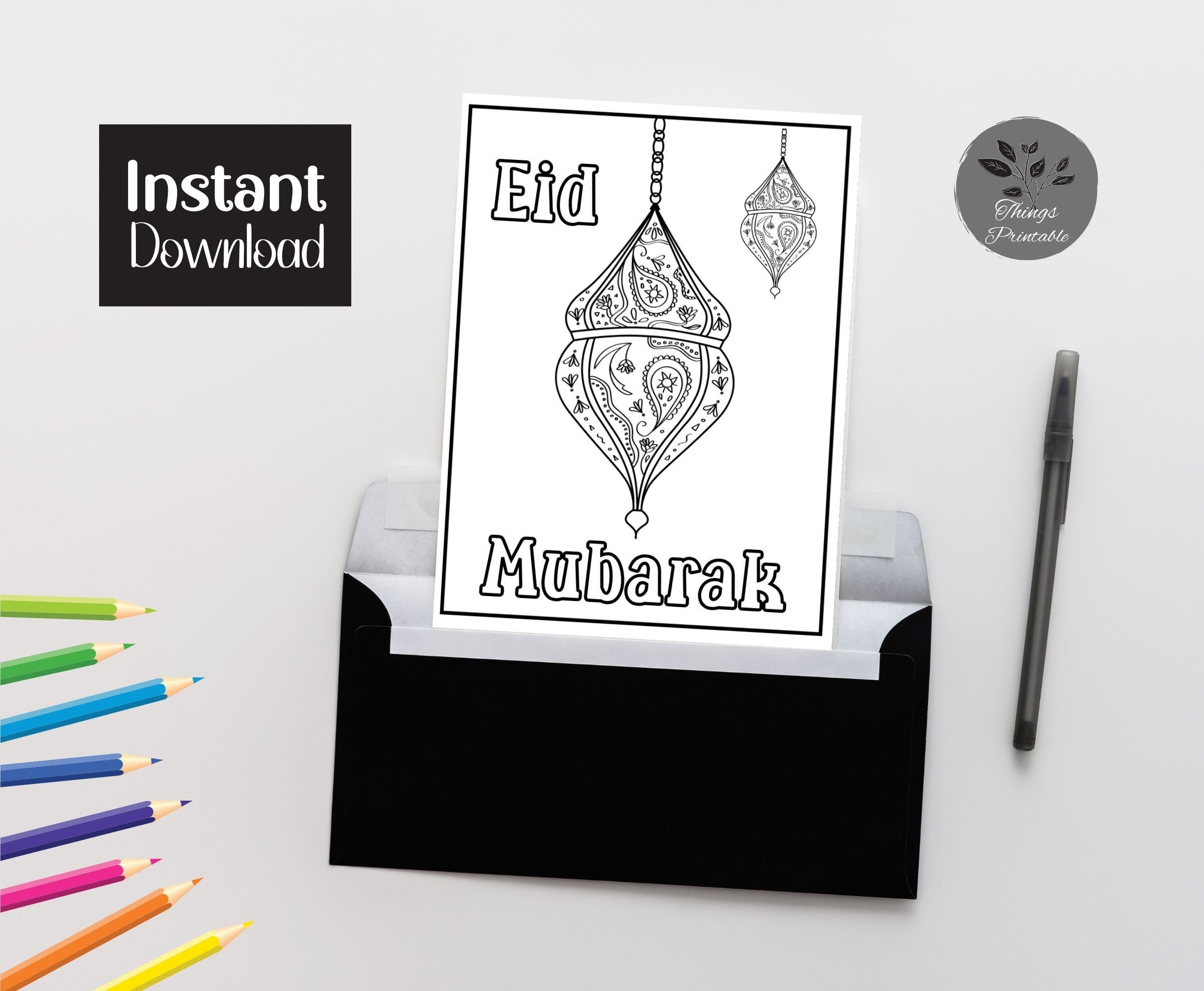 PRINTABLE Eid Mubarak Coloring Card, Lantern Decoration Eid Card, Eid ...