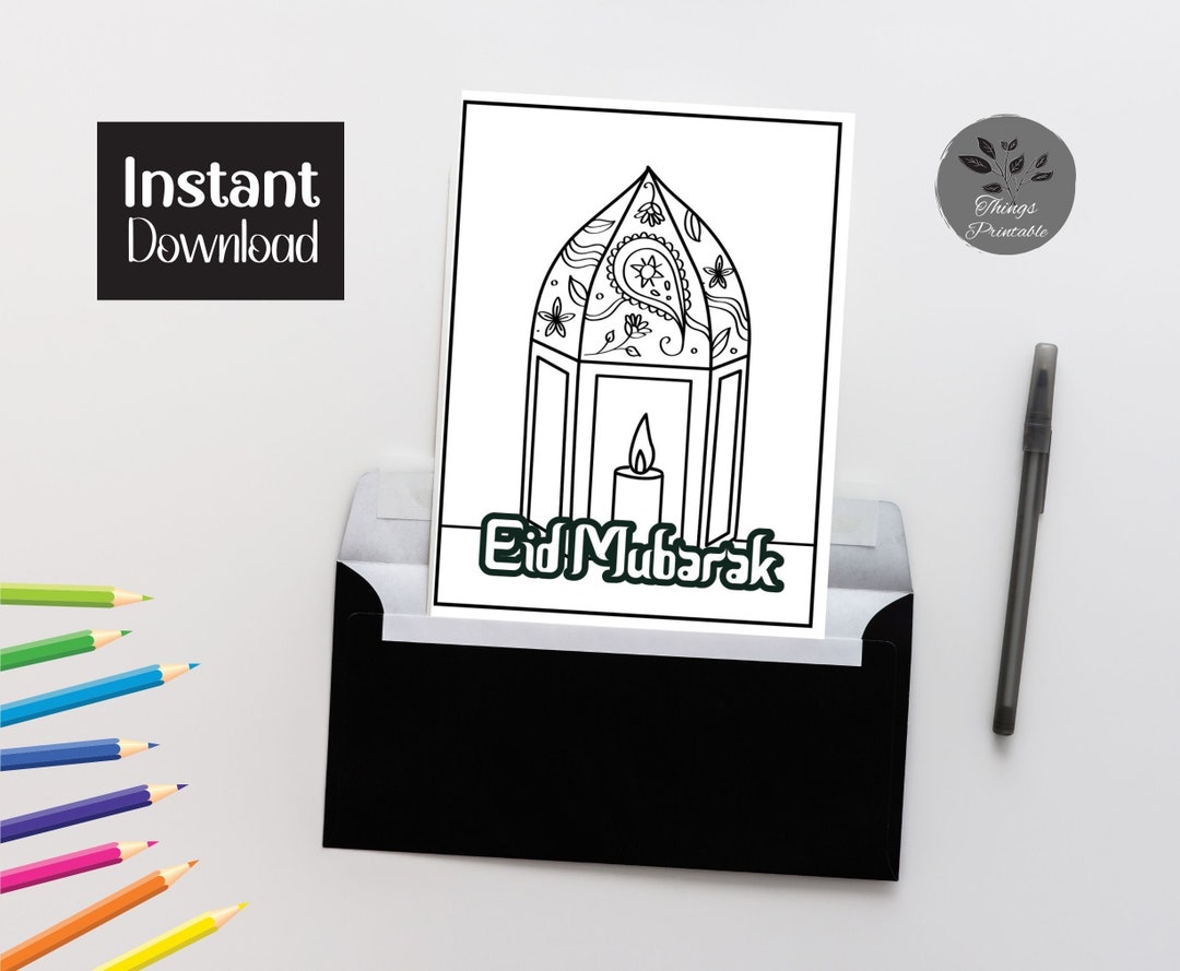 PRINTABLE Eid Coloring Card, Lantern Eid Card, Eid Card for Kids, Eid ...