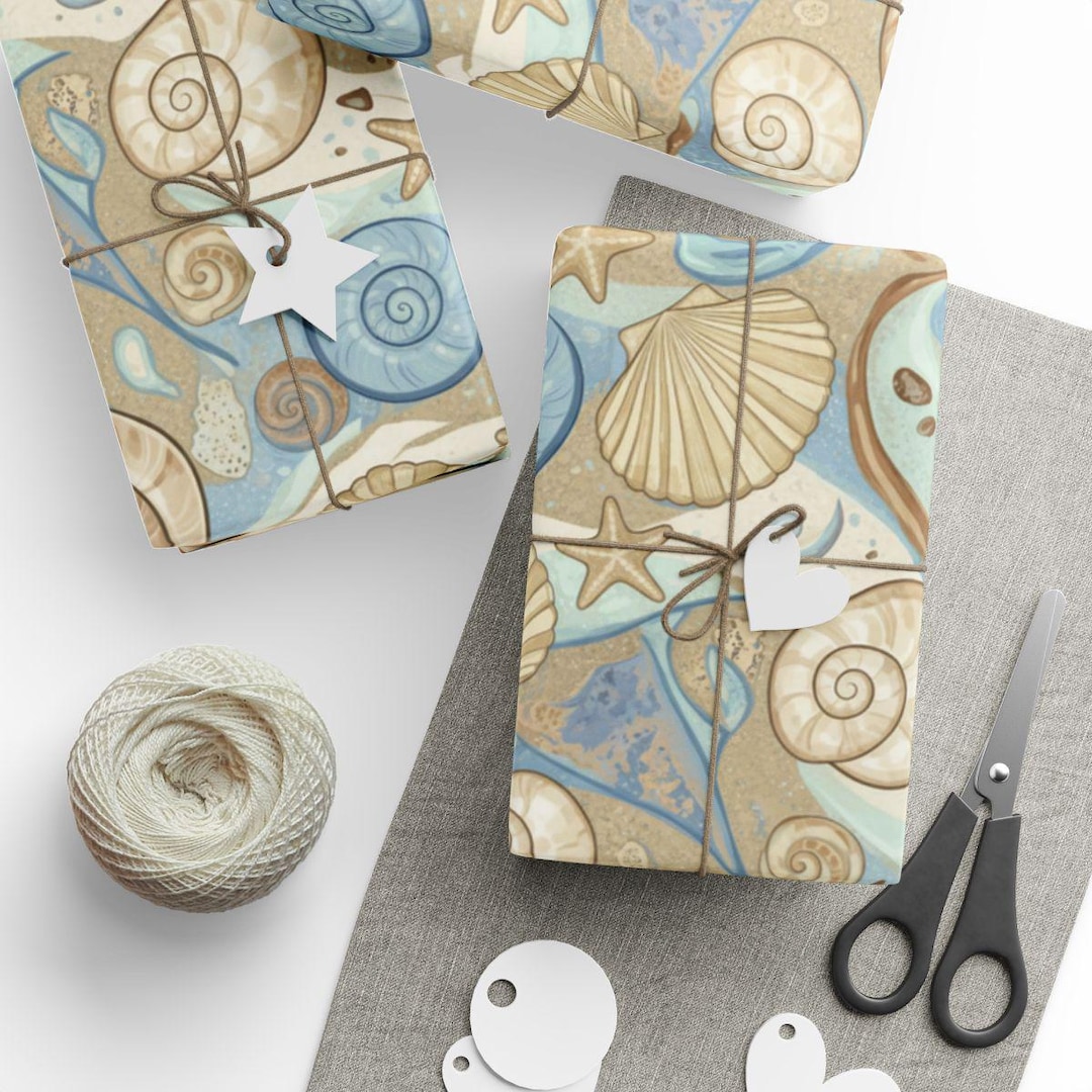 Seashells Wrapping Paper, Beach Theme Gift Wrap, Coastal Design, Summer ...