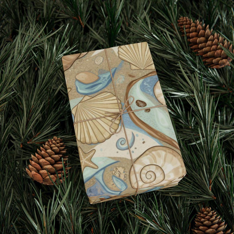 Seashells Wrapping Paper, Beach Theme Gift Wrap, Coastal Design, Summer ...