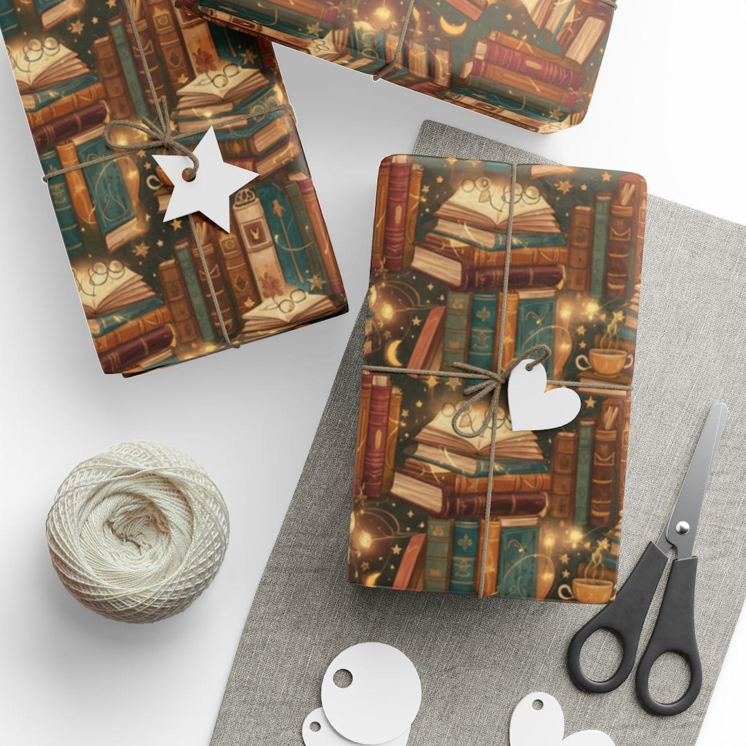 Bookshelf Wrapping Paper, Cozy Books, Tea, Study, Librarian Gift Wrap ...