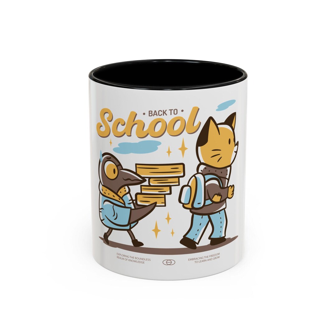 Back to School Coffee Mug: Cartoon Cat & Bird Design - Etsy