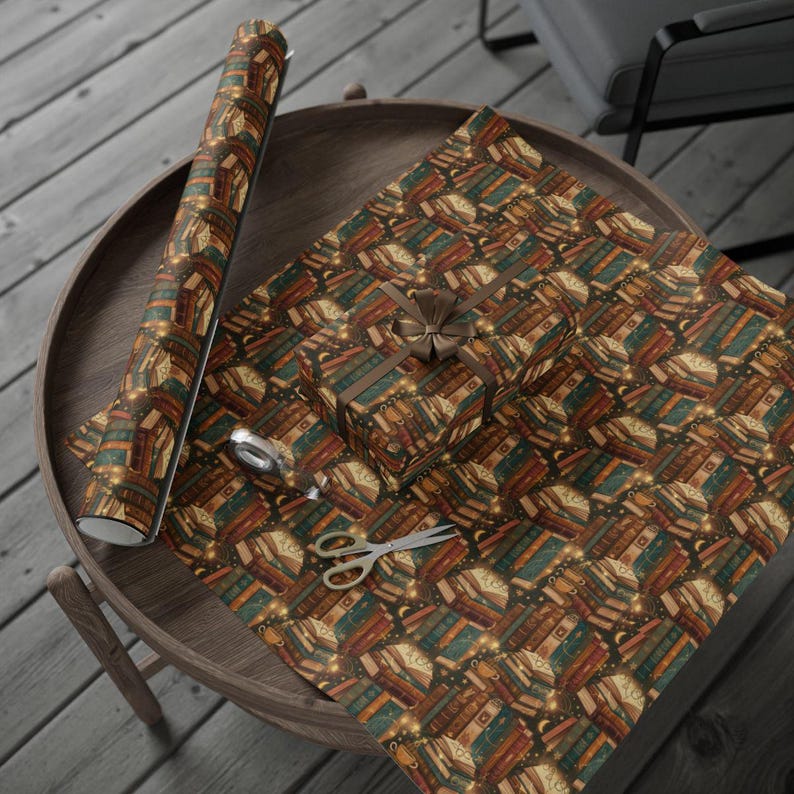 Bookshelf Wrapping Paper, Cozy Books, Tea, Study, Librarian Gift Wrap ...