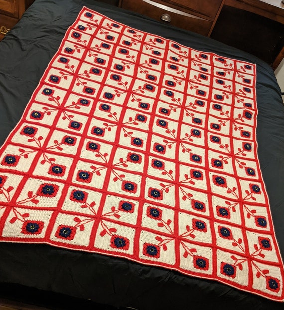 Vintage Crocheted Red Poppies Afghan - Etsy