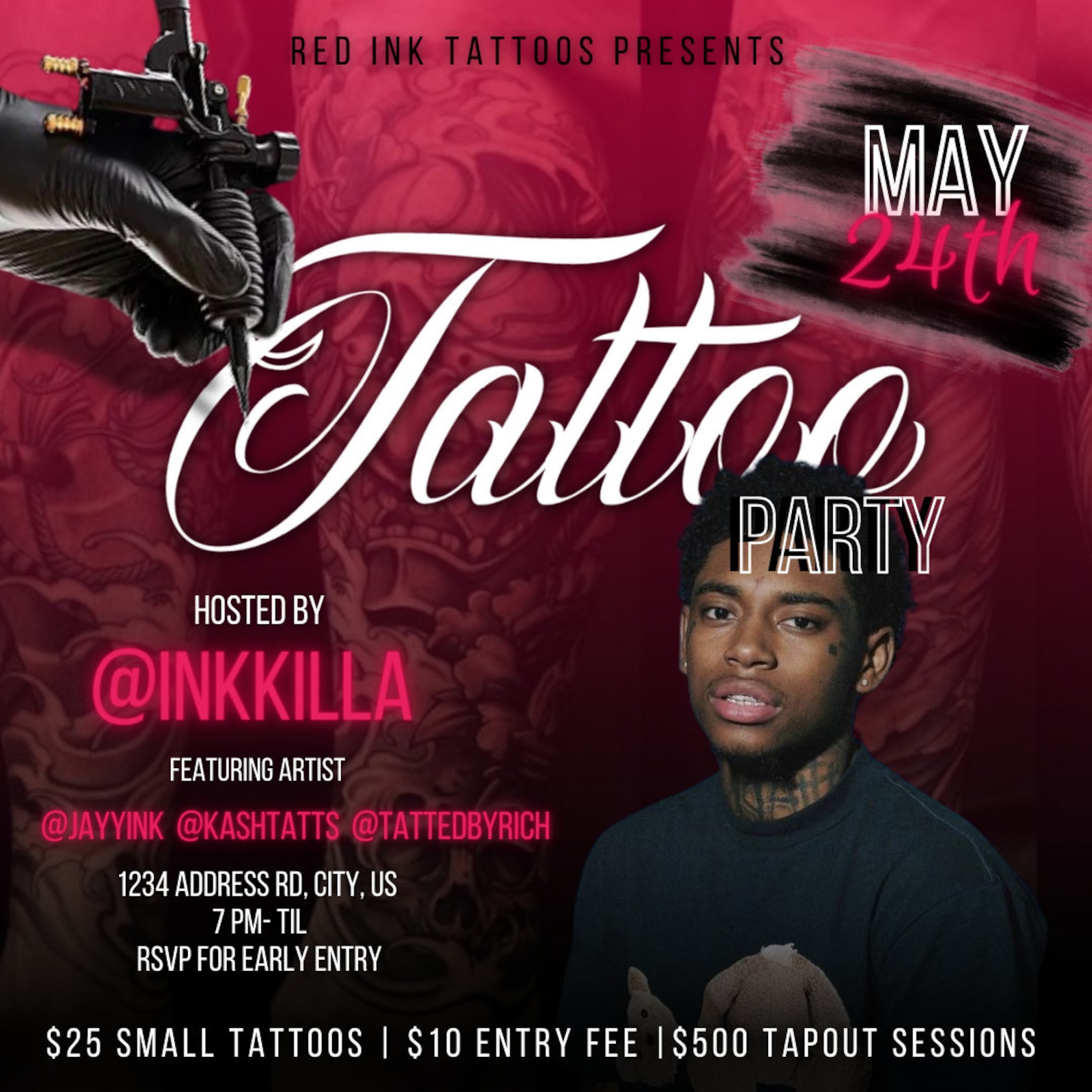 Tattoo Party Flyer Template, Tattoo Artist, DIY Canva Flyer, Tattoo ...