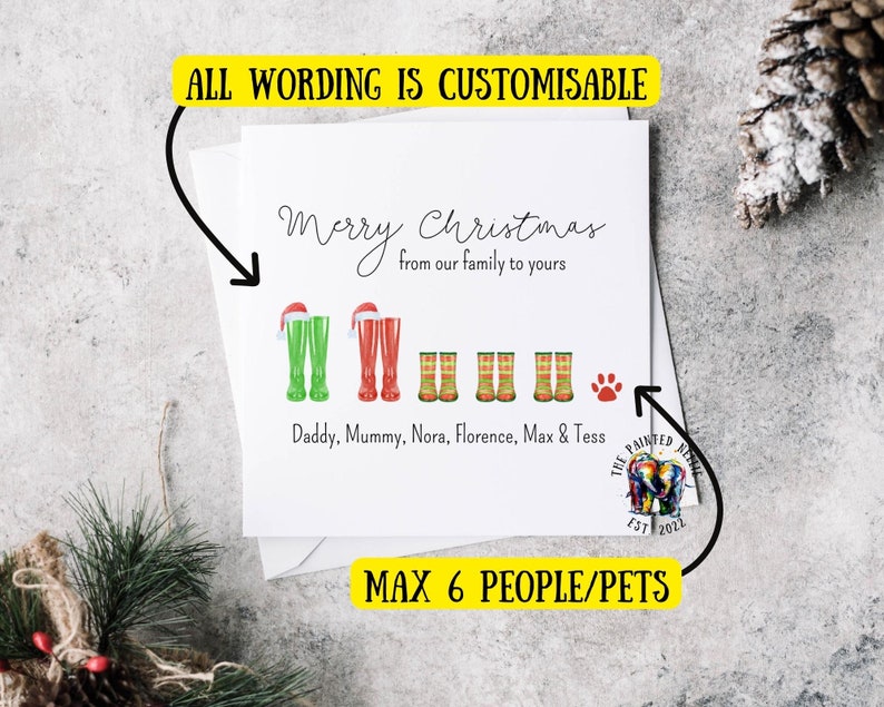 Personalised Family Christmas Card, Custom Text, Wellies and Paw Print ...