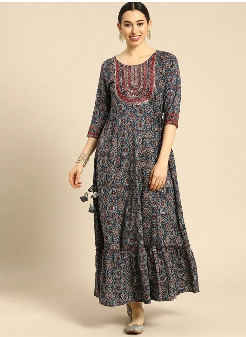 Flared Anarkali Kurta Women Blue And Maroon Ethnic Motifs Pure Cotton