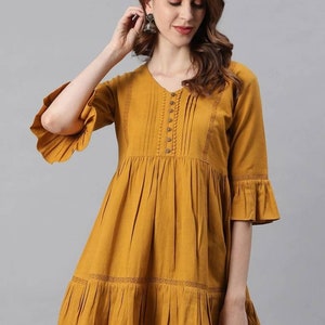Tunic Wear for Women Mustard Yellow Self Design Cotton Regular Straight ...