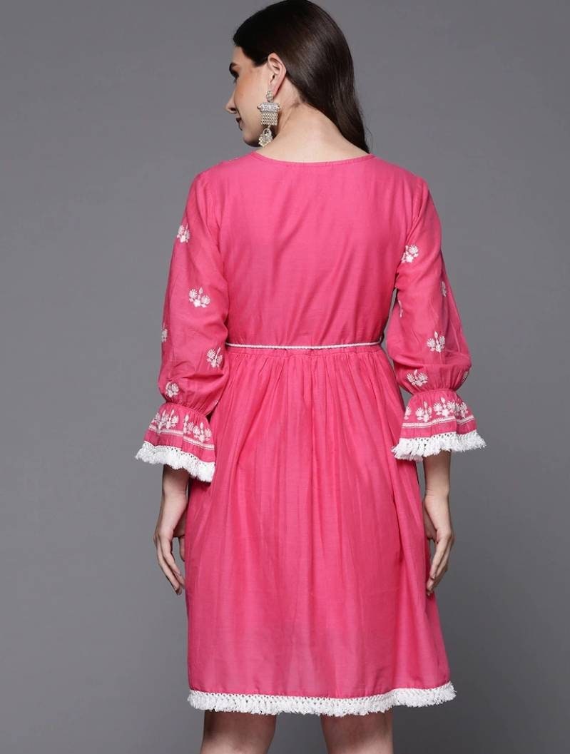 Tunic Wear for Women Yellow / Pink Ethnic Motifs Embroidered Cotton A ...