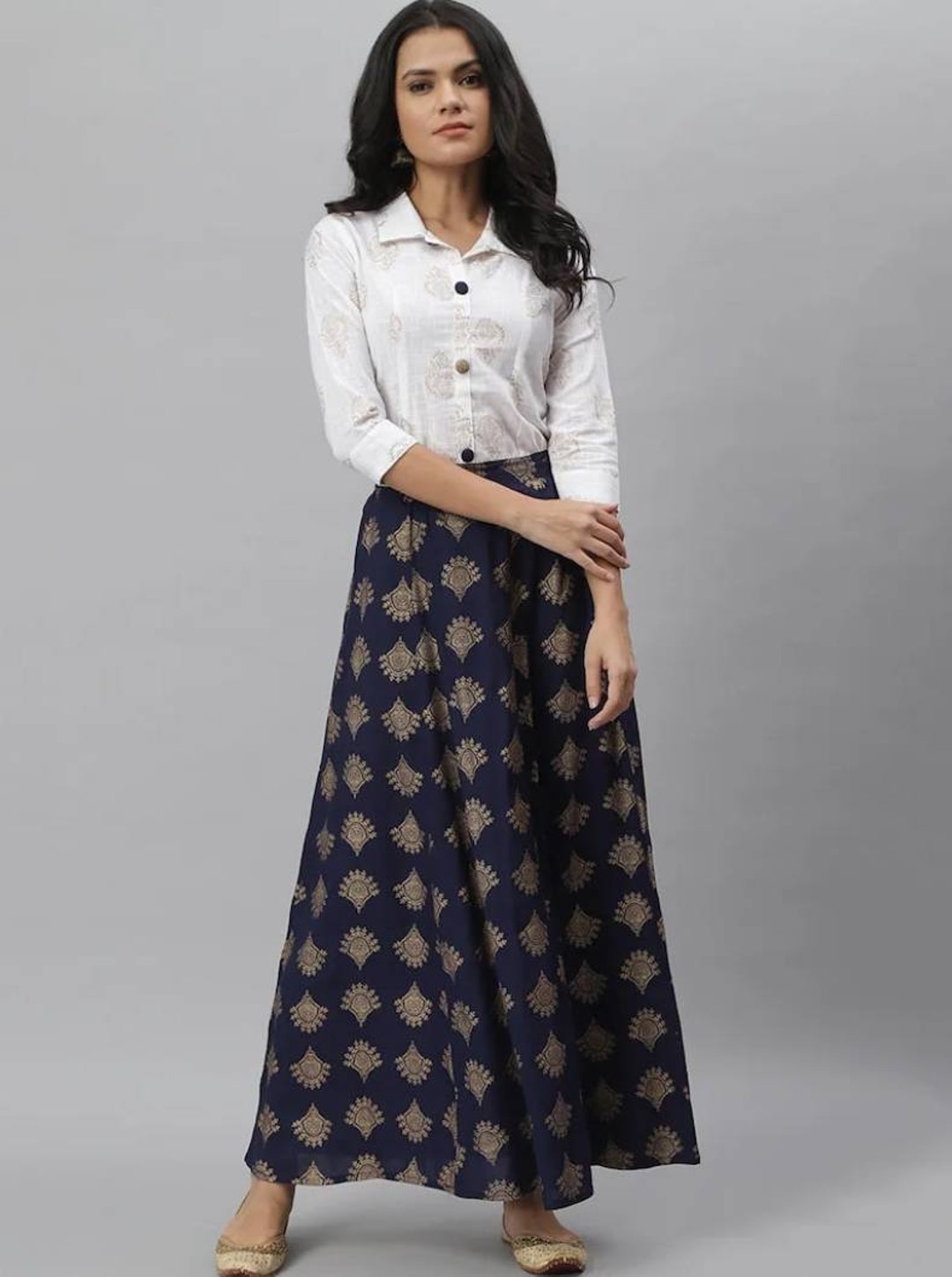 Ethnic Skirt Top Set Women White & Blue / White and Red Printed Shirt ...