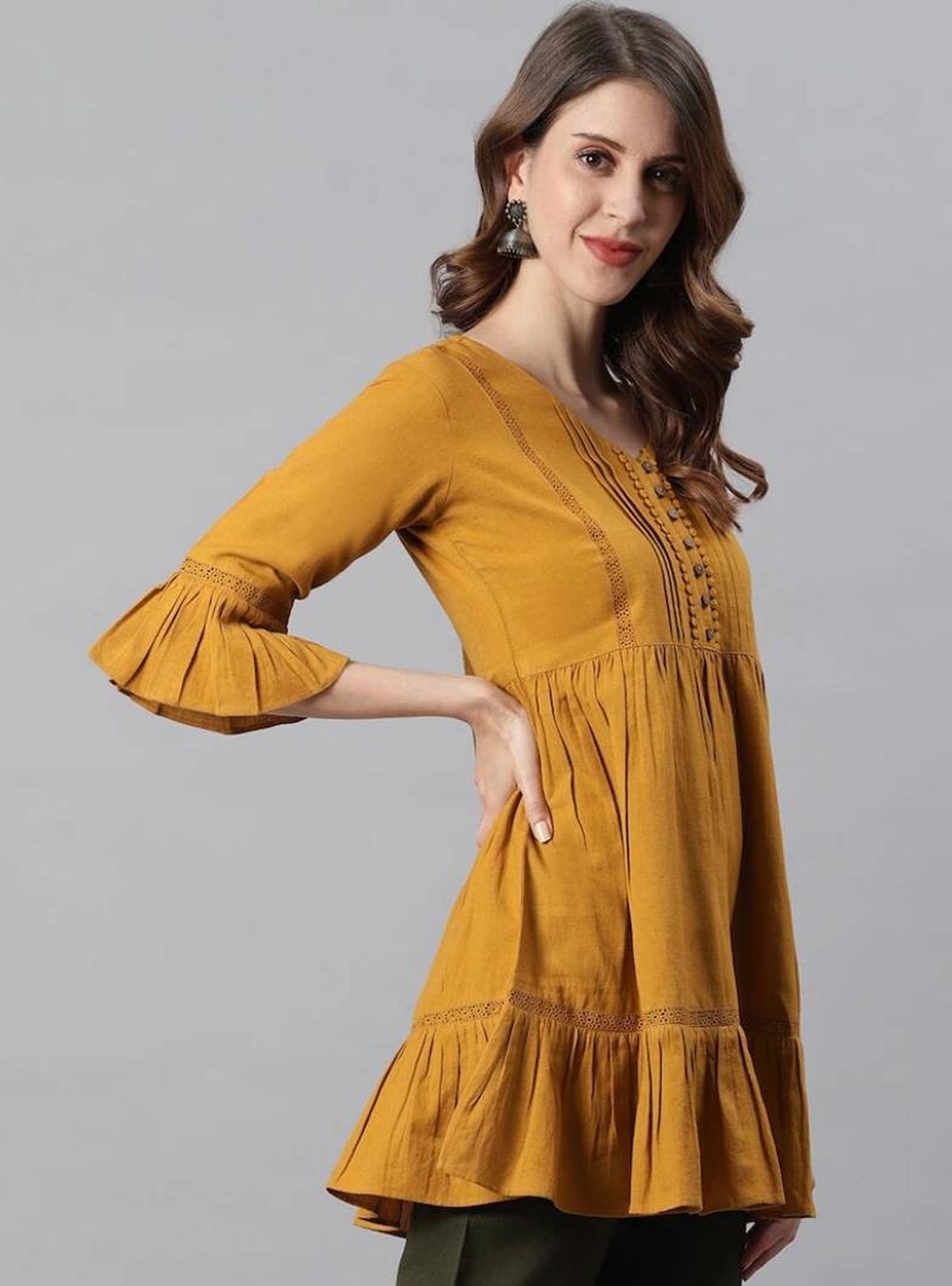 Tunic Wear for Women Mustard Yellow Self Design Cotton Regular Straight ...