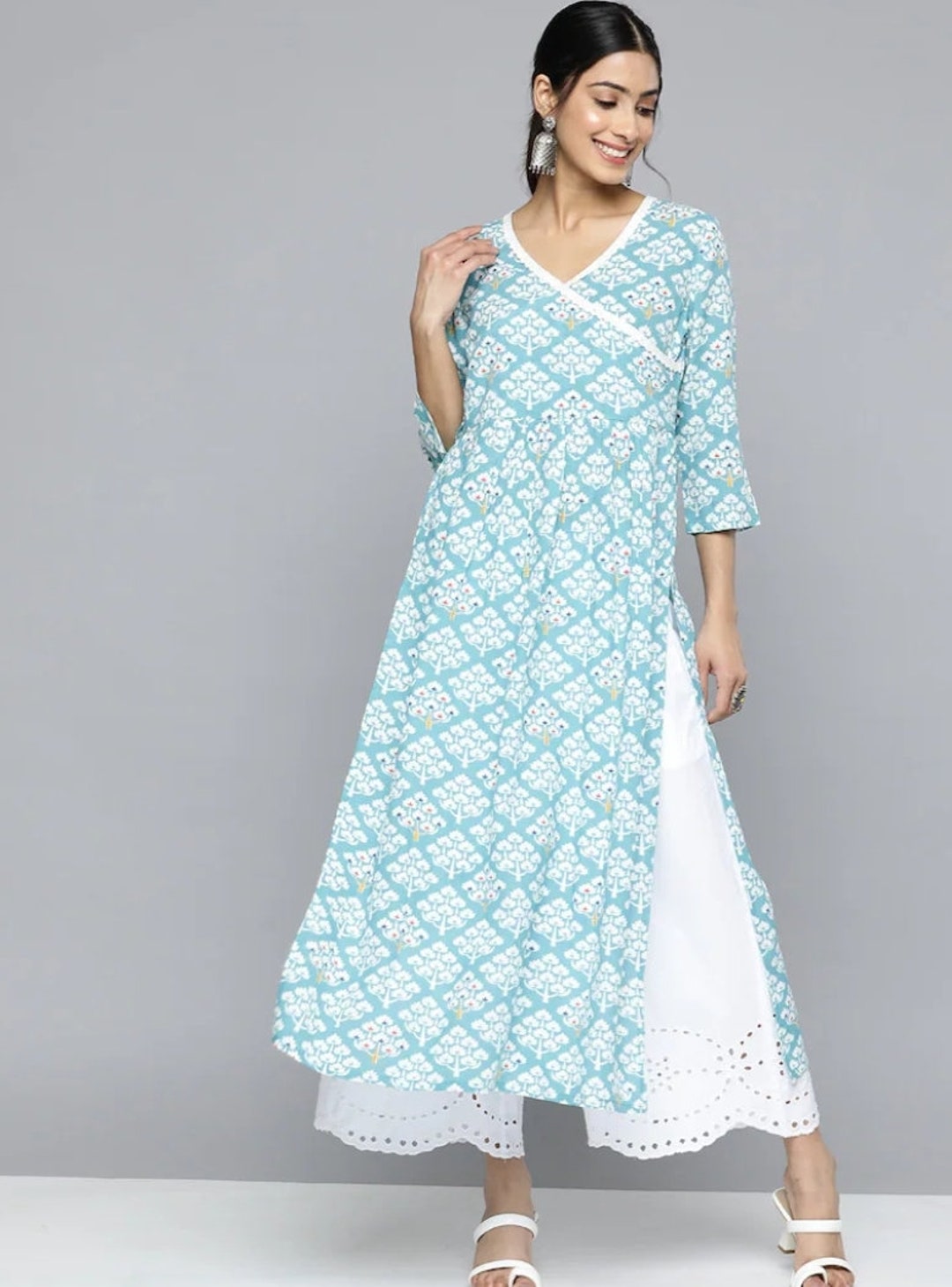 Angrakha Kurta Women Blue & White Ethnic Motifs Printed A-line Side Cut ...