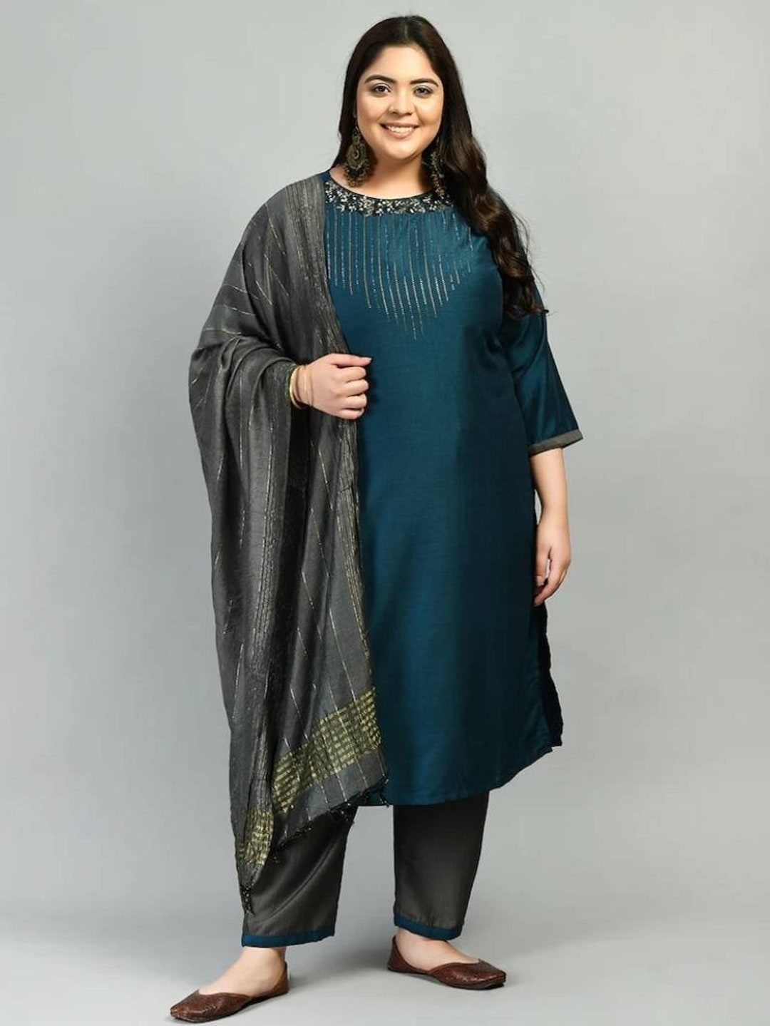 Plus Size Kurta Set Women Teal Blue Yoke Design Beads and Stone Kurta ...