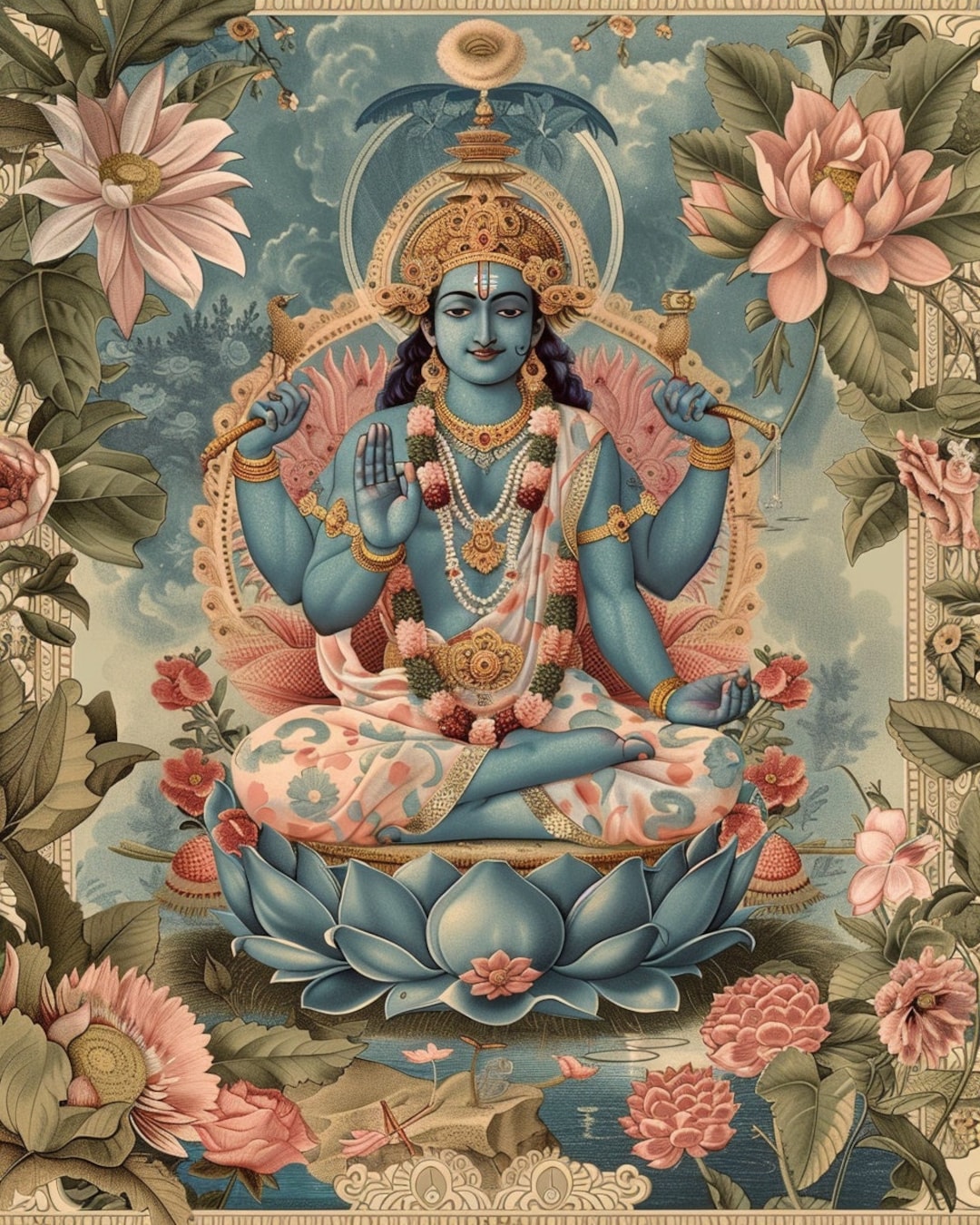 Lord Vishnu Digital Art - Serene Deity Seated on Lotus Flower ...