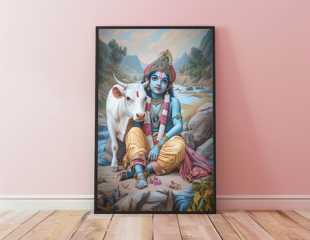 Child Krishna Art, Krishna Painting, Kamdhenu Cow Print, Krishna Wall ...