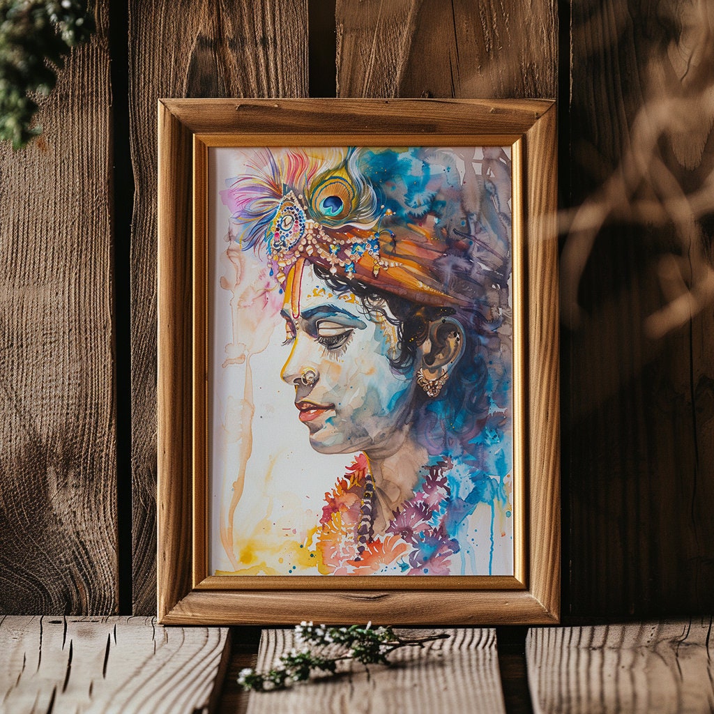 Lord Krishna Watercolour Painting, Ethereal Hindu Deity Artwork ...