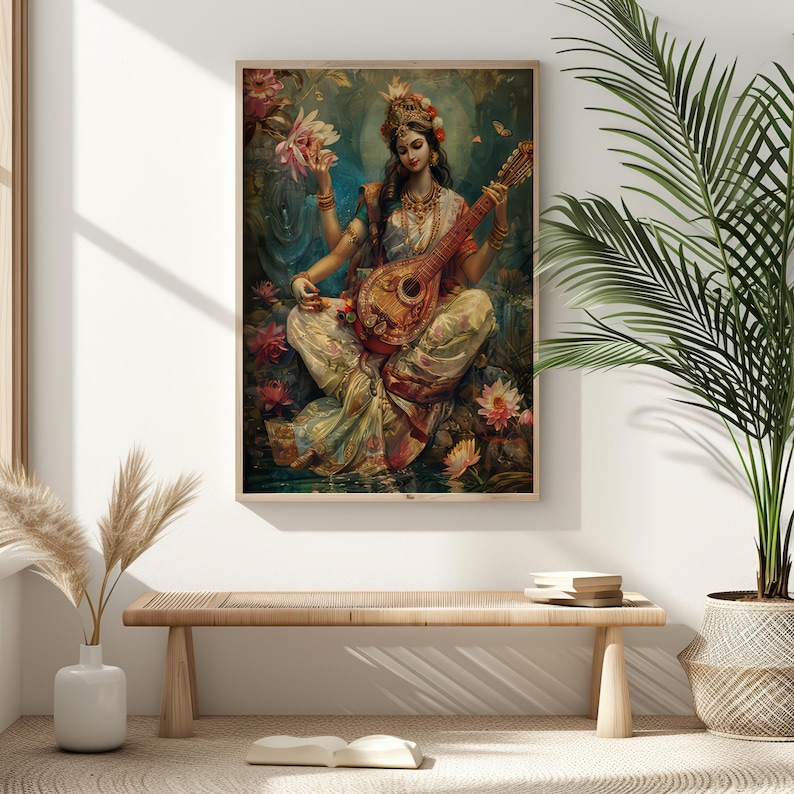 Goddess Saraswati Digital Art Print Divine Veena Player, Hindu Deity ...