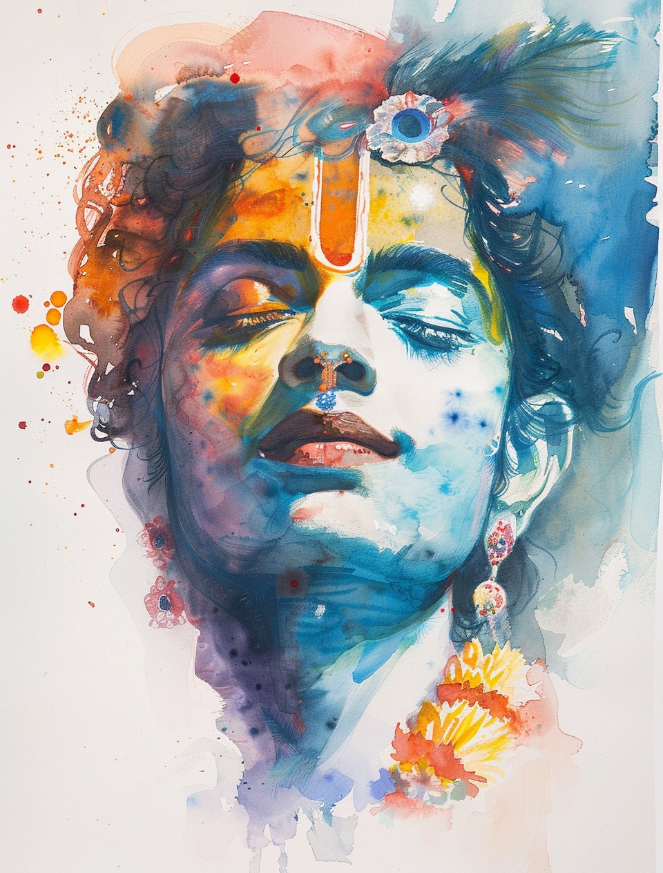 Lord Krishna Watercolour Painting Handcrafted Spiritual Artwork, Divine ...