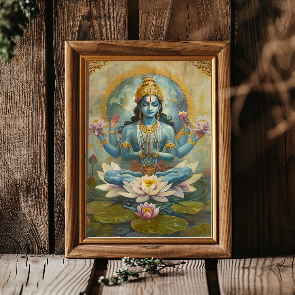 Lord Vishnu Digital Art - Serene Deity Seated on Lotus Flower ...