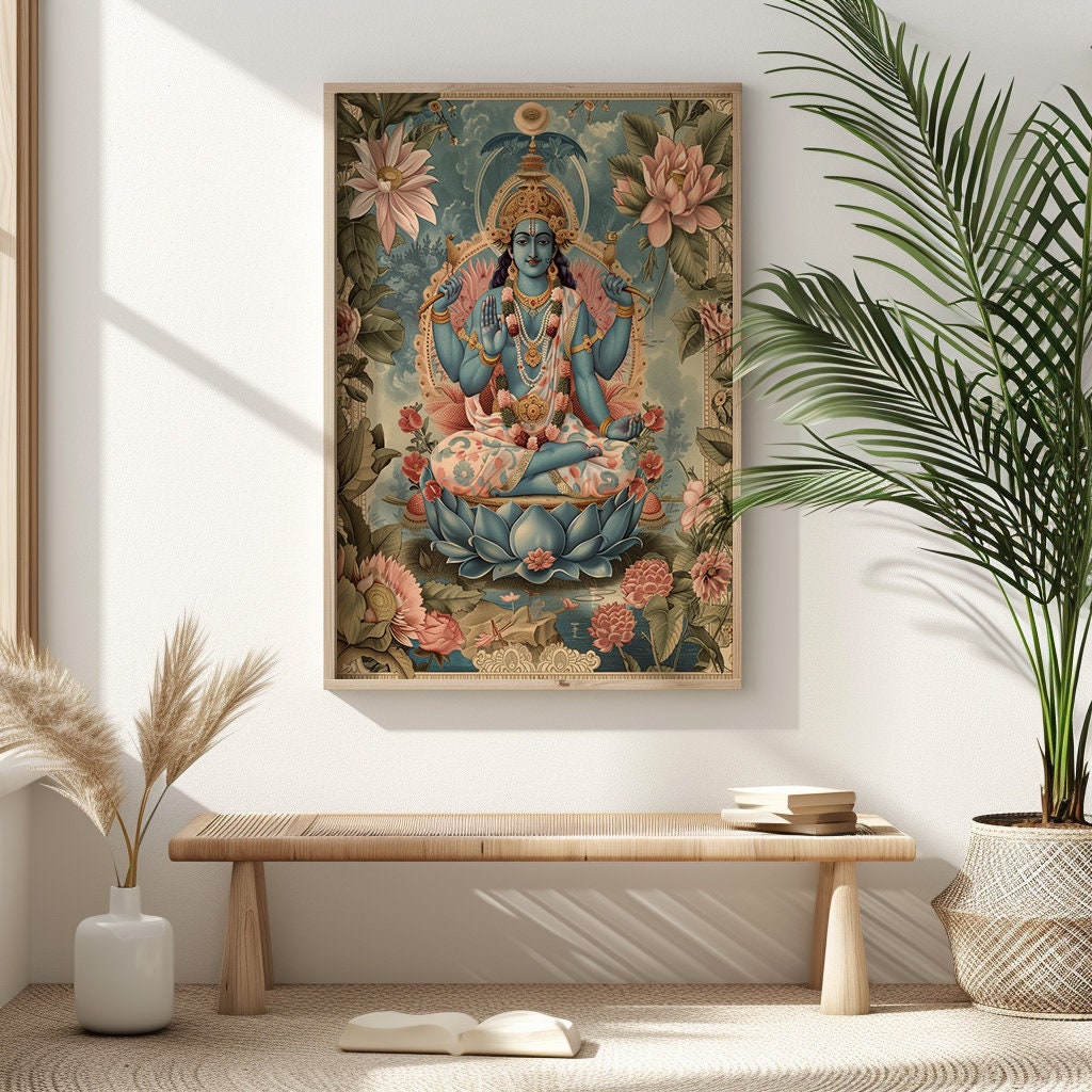 Lord Vishnu Digital Art - Serene Deity Seated on Lotus Flower ...