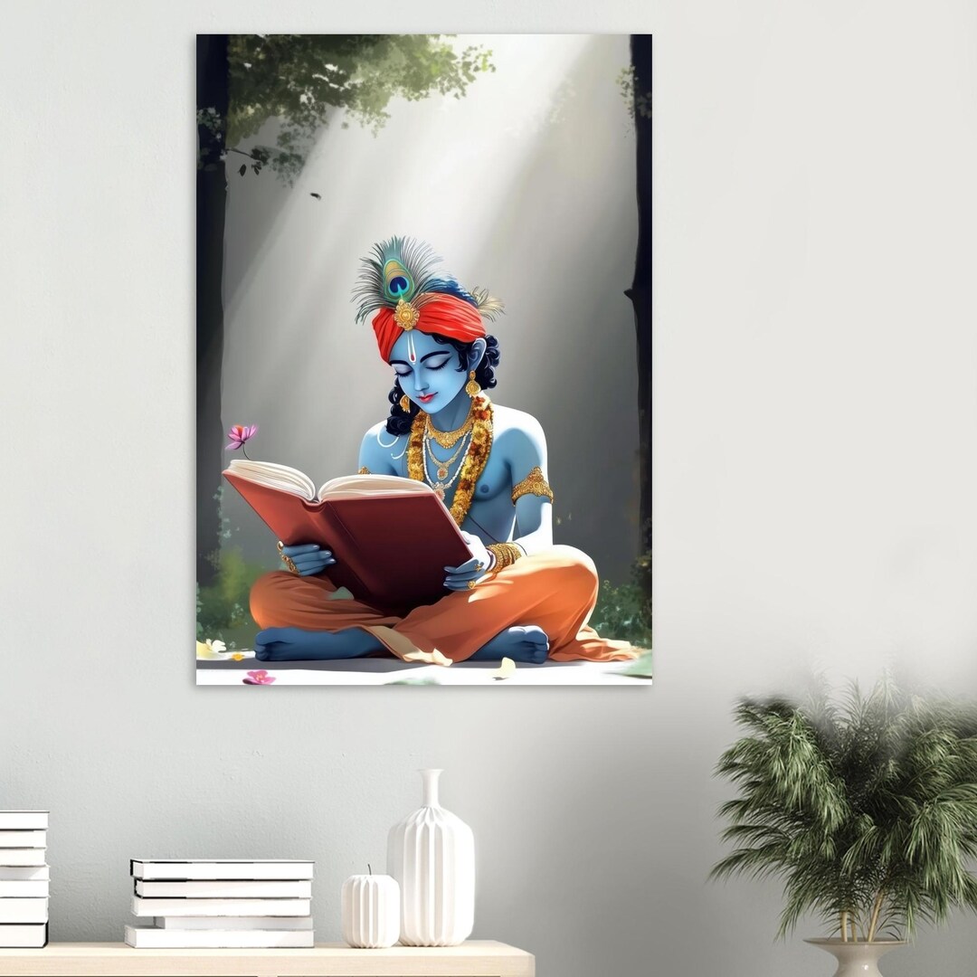 Lord Krishna With Bhagavad Gita Matte Poster, Krishna Painting, Krishna ...