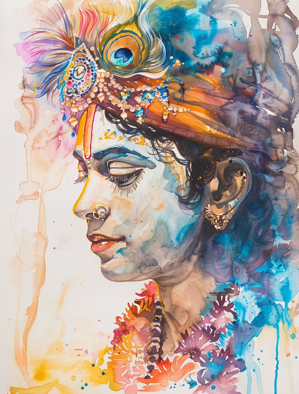 Lord Krishna Watercolour Painting, Ethereal Hindu Deity Artwork ...
