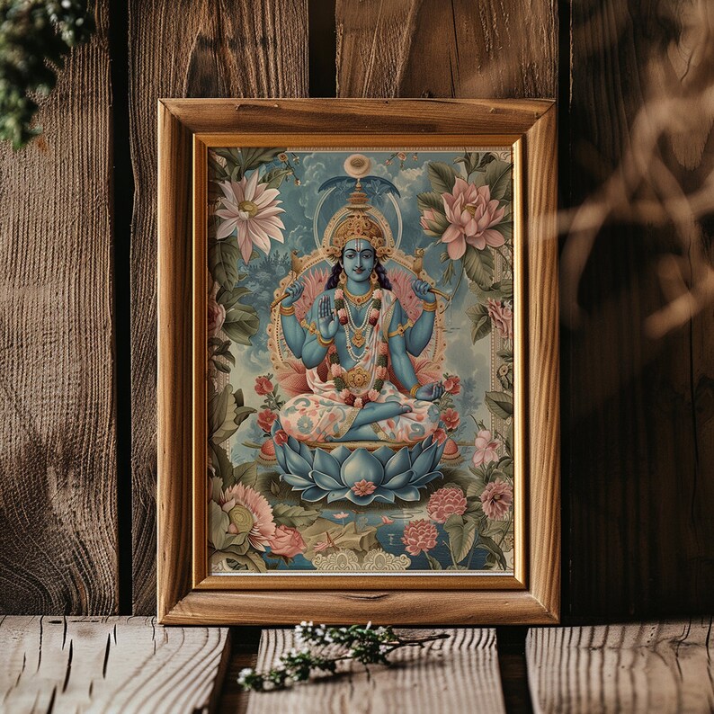 Lord Vishnu Digital Art Serene Deity Seated on Lotus Flower, Spiritual ...