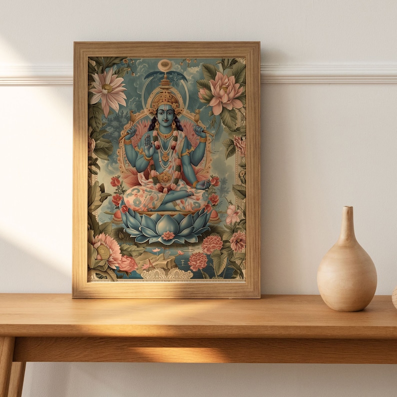 Lord Vishnu Digital Art Serene Deity Seated on Lotus Flower, Spiritual ...