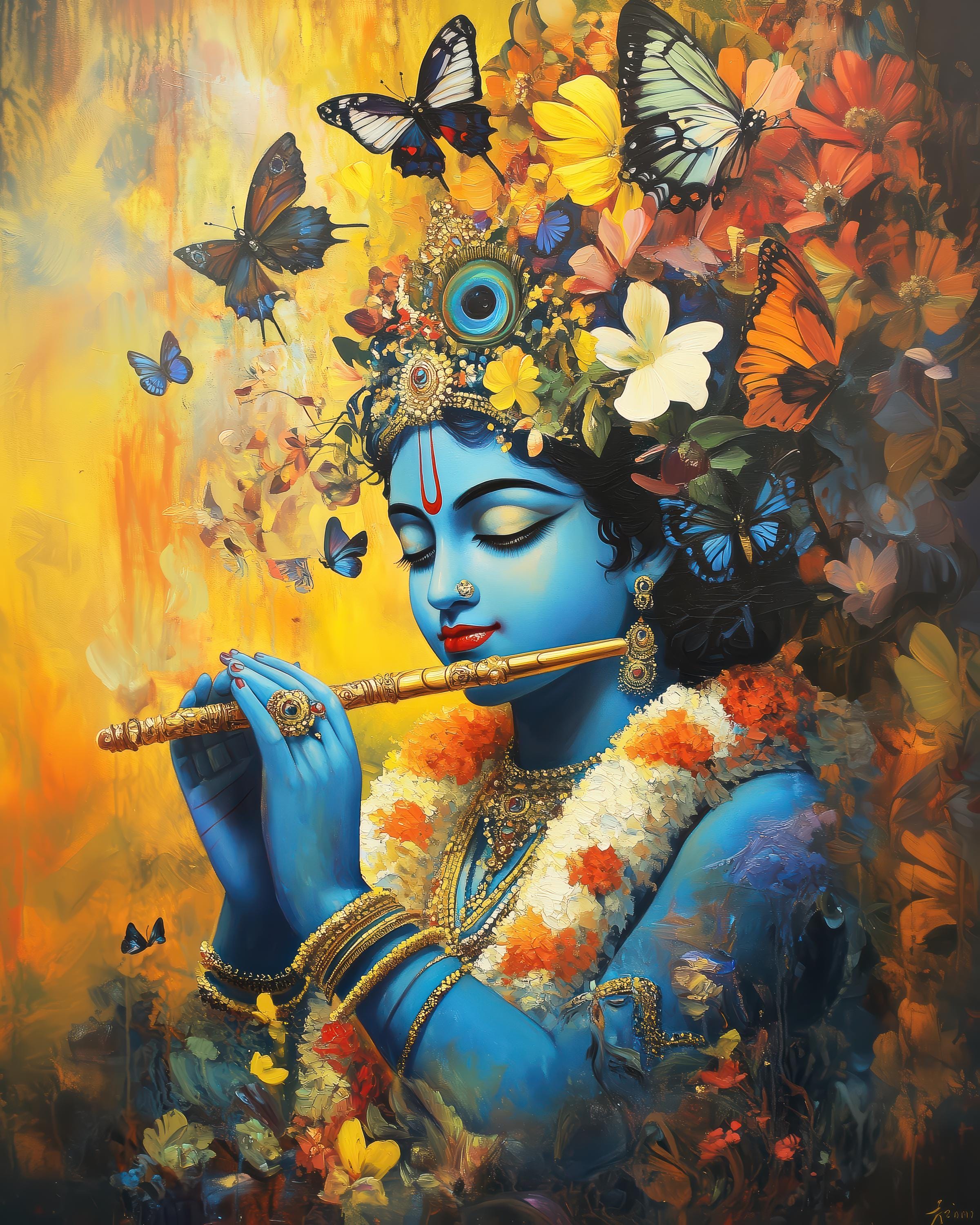 Printable Krishna With Flute Art, Krishna Flora Art, Lord Krsna Poster ...