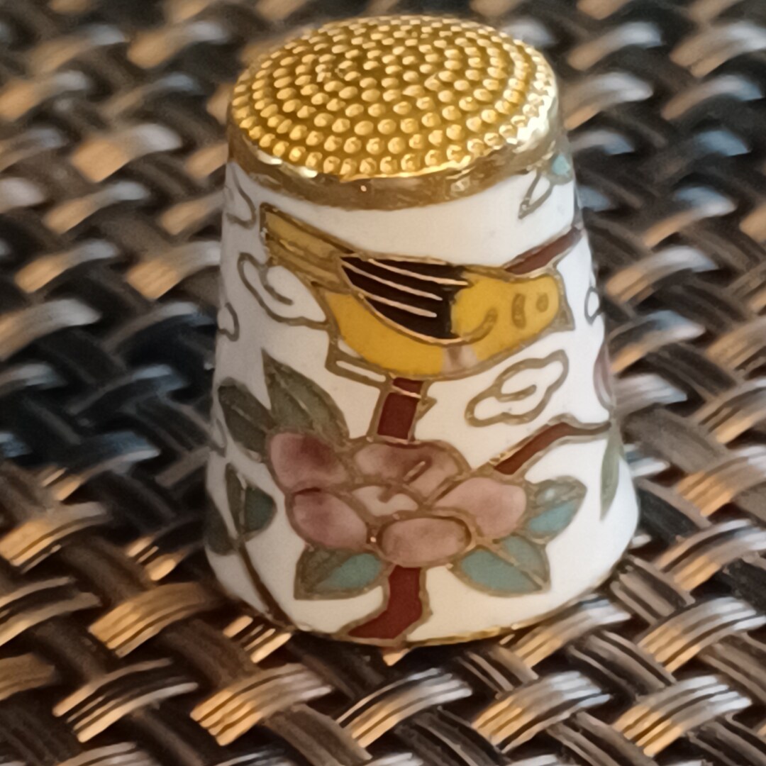 White Cloisonne Thimble Bird and Flowers Vintage Enamel - Etsy