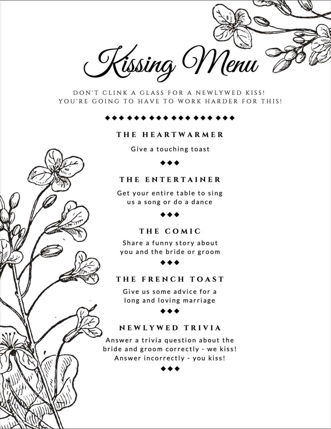 Wedding Kissing Menu - Etsy