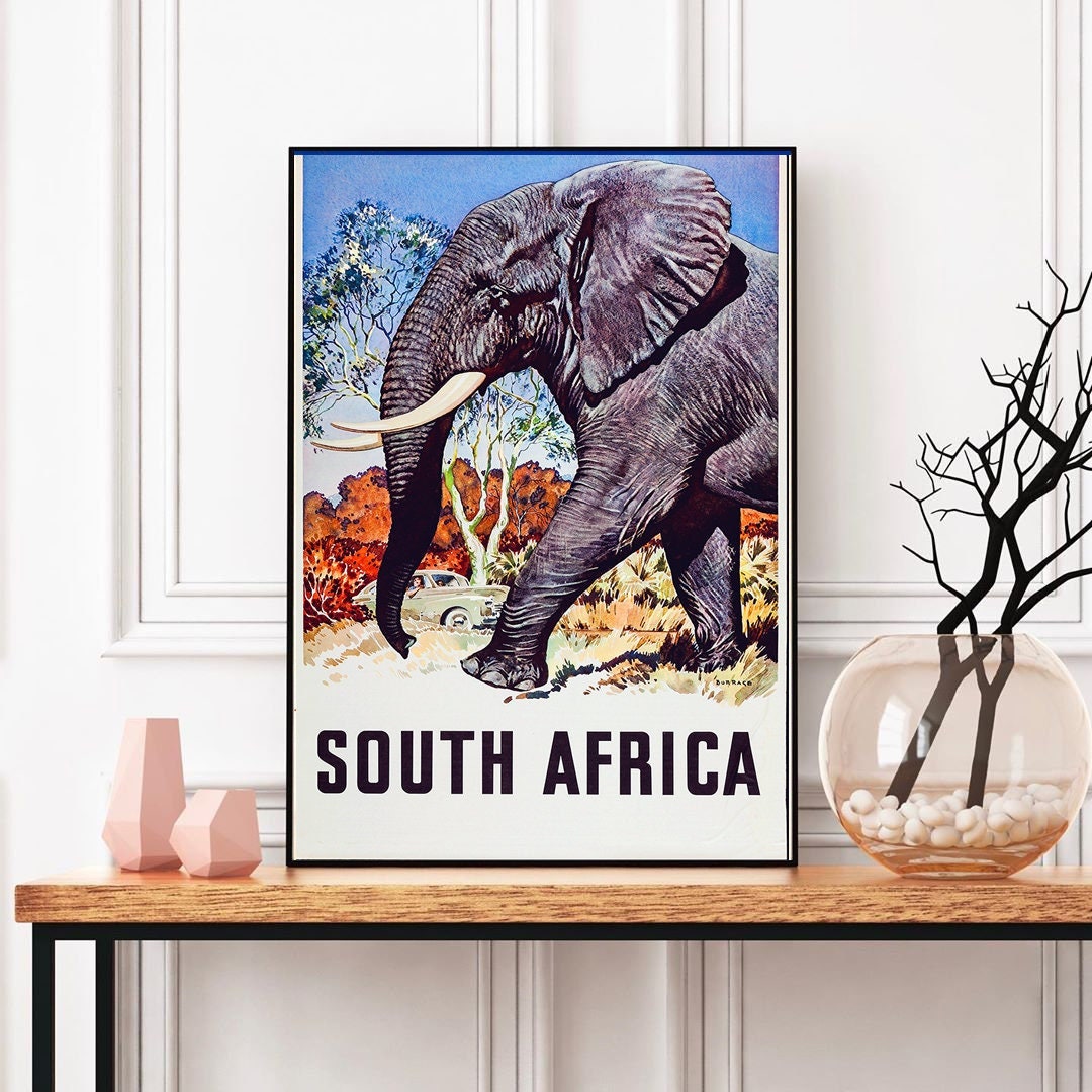 African Safari Poster - Retro Travel Print - 1950s Elephant Artwork ...