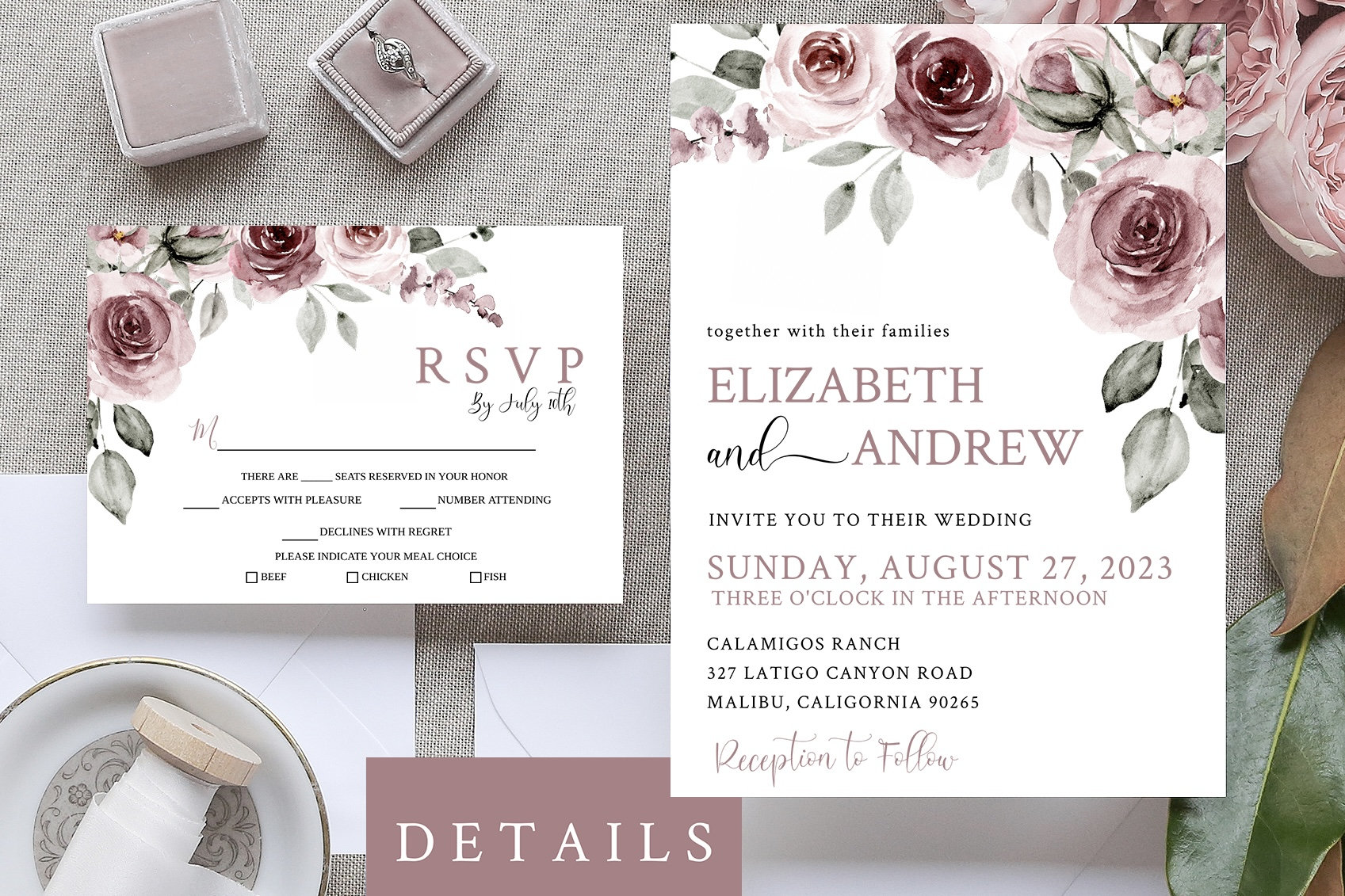 Dusty Rose Wedding Invitation Dusty Rose Dusty Rose Invites 3 Piece ...