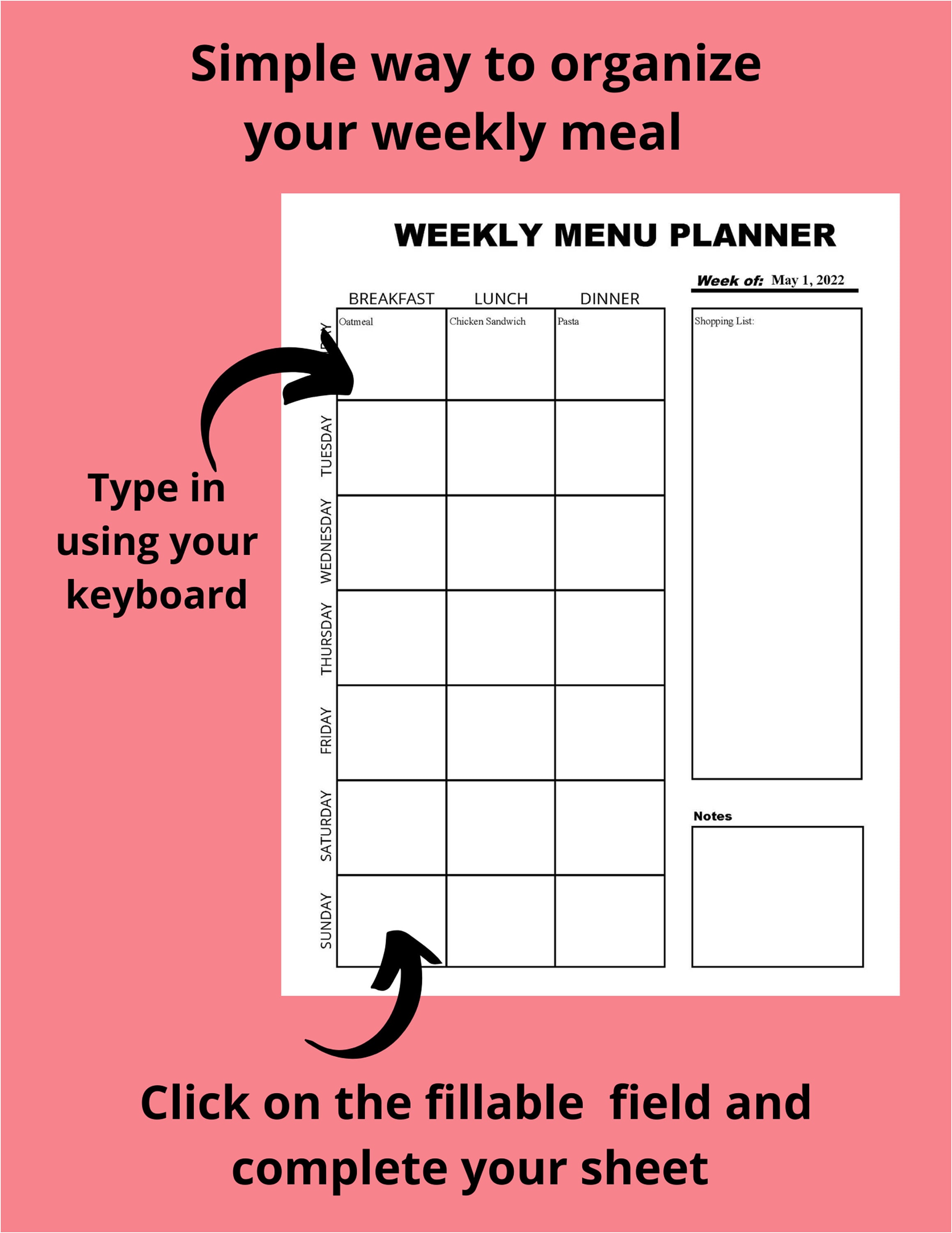 Editable Weekly Meal Planner Fillable PDF Printable Meal | Etsy