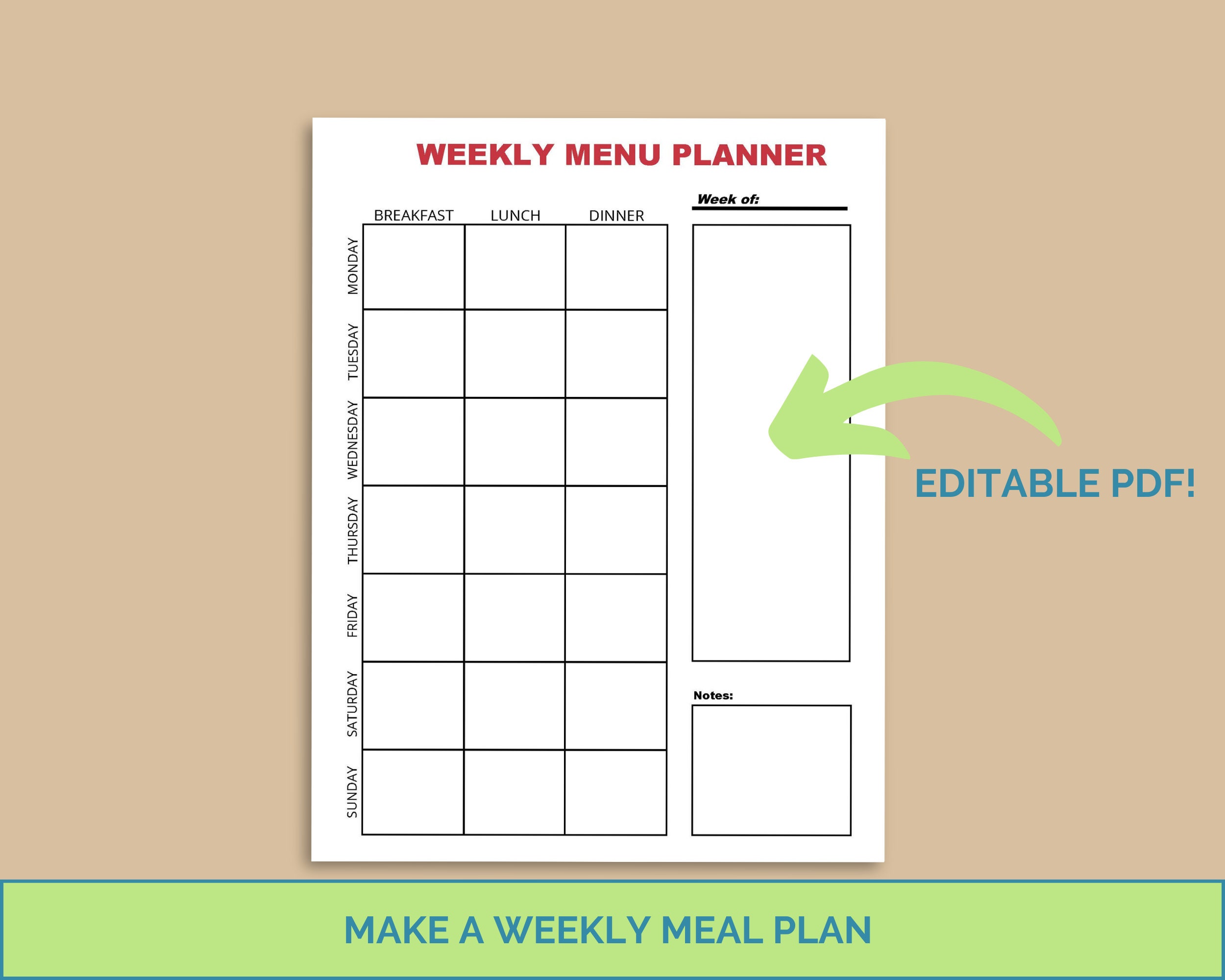 Editable Weekly Meal Planner | Fillable PDF | Printable Meal Planner ...