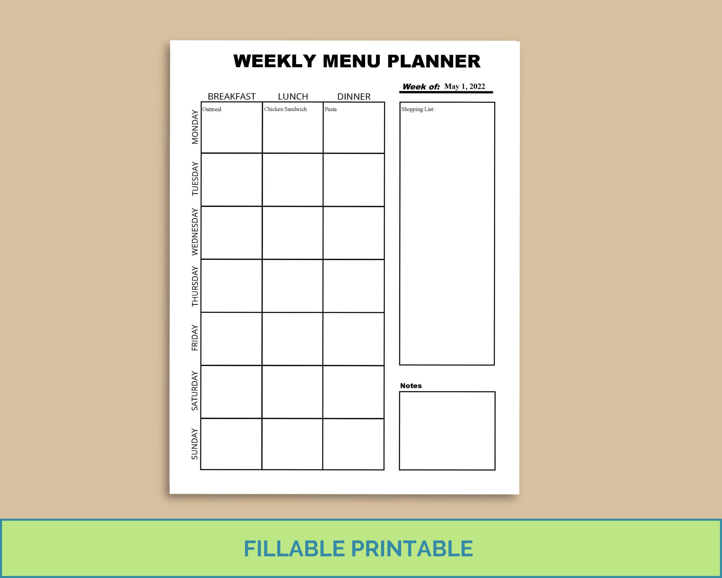 Editable Weekly Meal Planner | Fillable PDF | Printable Meal Planner ...