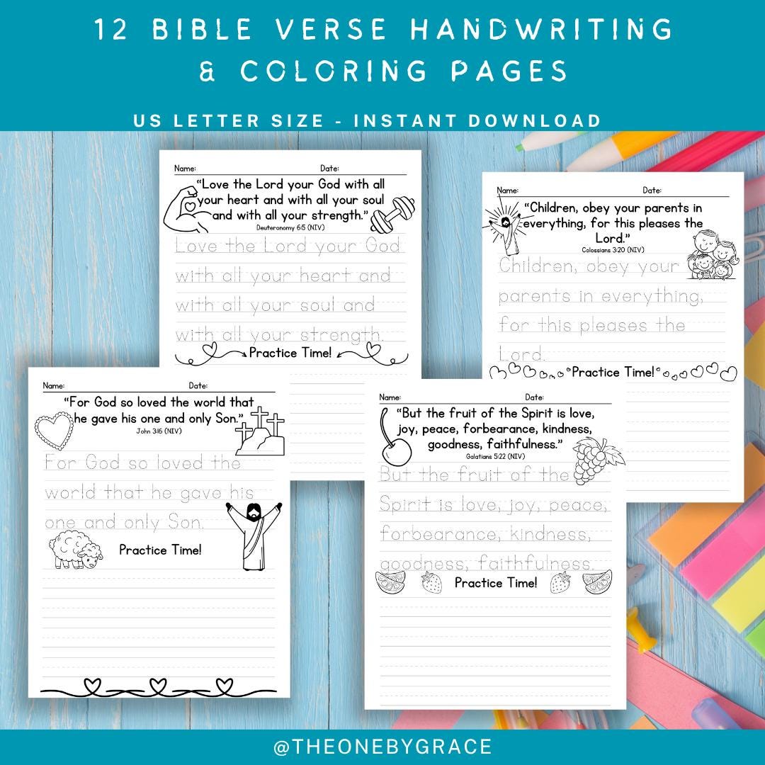 12 Bible Verse Handwriting & Coloring Pages for Kids | Printable ...