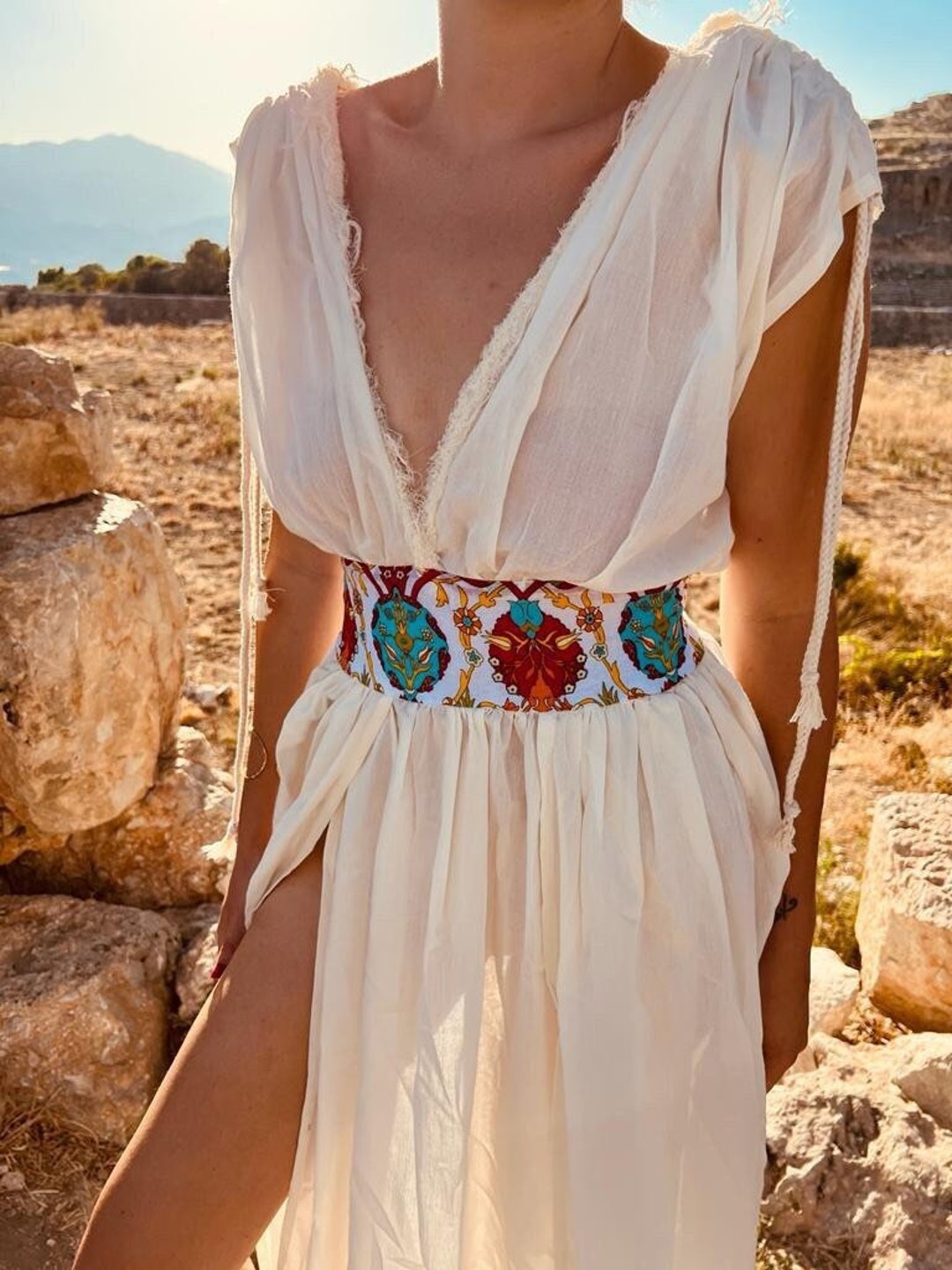 Leg Slit Off-white Boho Summer Dress. Organic Cotton - Etsy