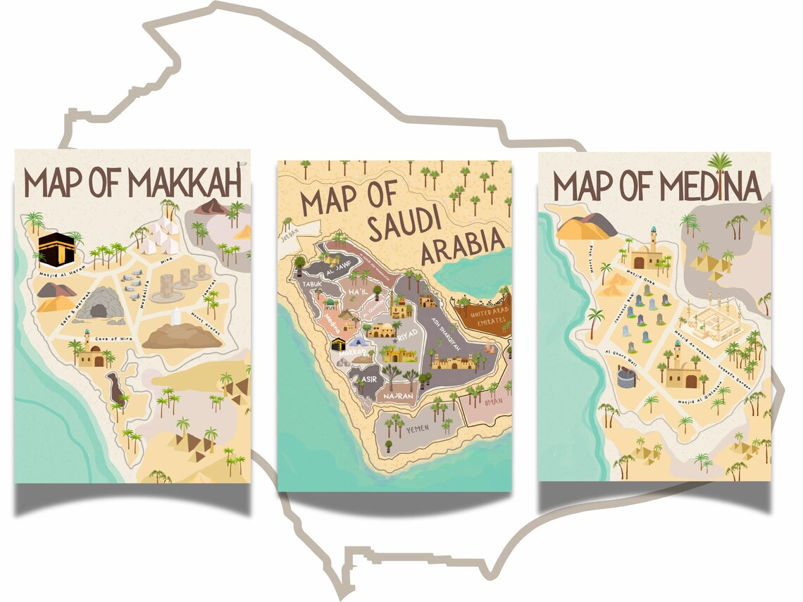 Set of 3 Islamic Map Prints – Makkah, Medina & Saudi Arabia | A3 ...